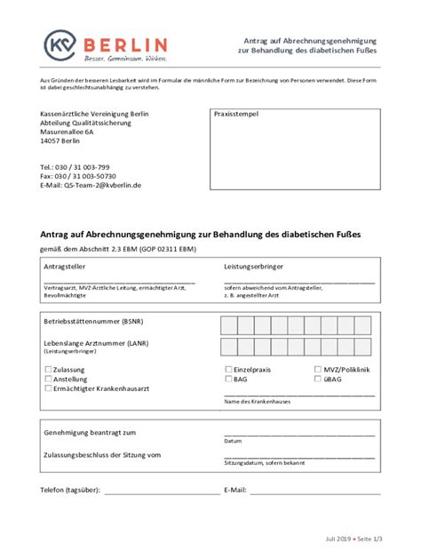Ausfüllbar Online KVB FORM Diabetischer Fuss Genehmigung pdf Fax Email