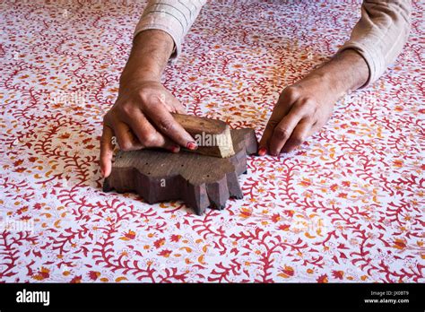 Hand Block Printing On Cotton With Natural Dyes In Jaipur Stock Photo