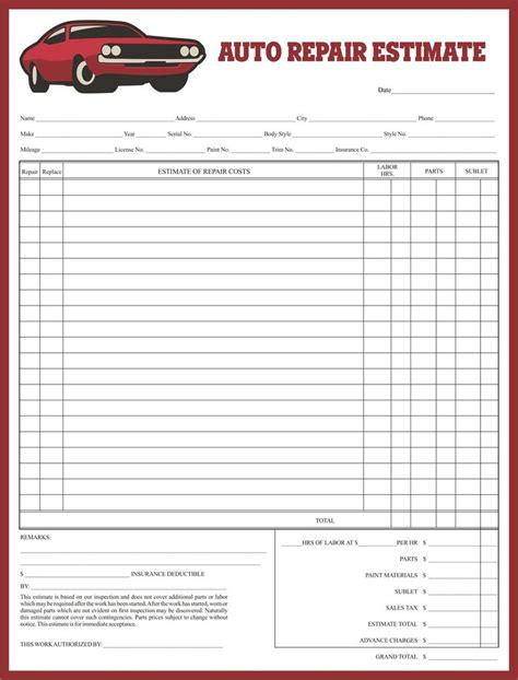 Body Shop Estimate Form Template Auto Repair Estimates Estimate