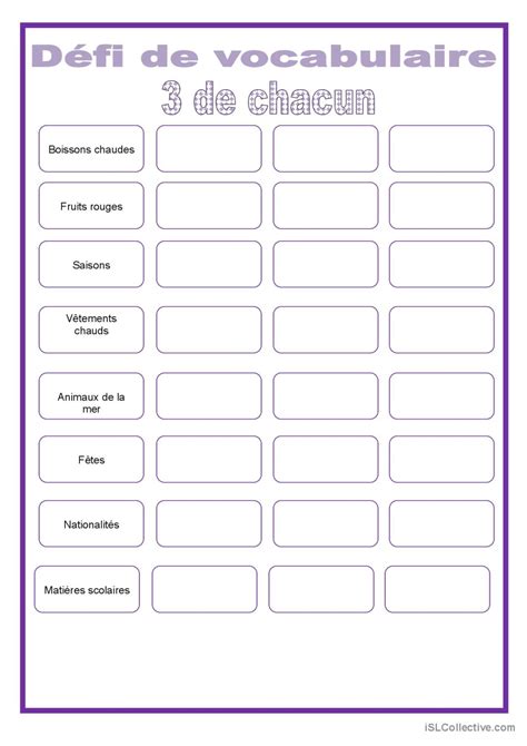 Défi de vocabulaire 3 briser glace Français FLE fiches pedagogiques