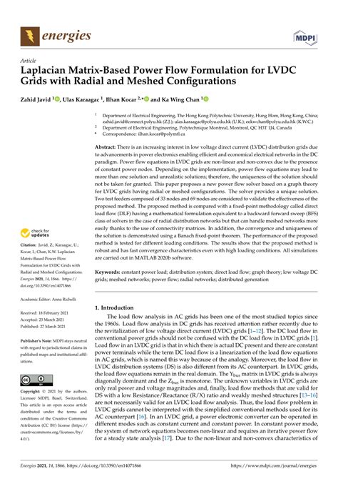 pdf laplacian matrix based power flow formulation for lvdc grids with radial and meshed