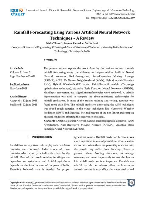 pdf rainfall forecasting using various artificial neural network techniques a review