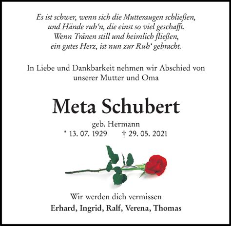 Traueranzeigen Von Meta Schubert Vrm Trauer De