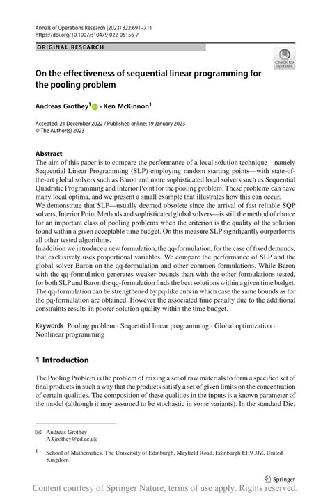 pdf on the effectiveness of sequential linear programming for the pooling problem