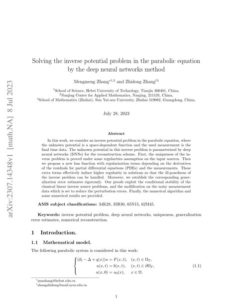 pdf solving the inverse potential problem in the parabolic equation by the deep neural