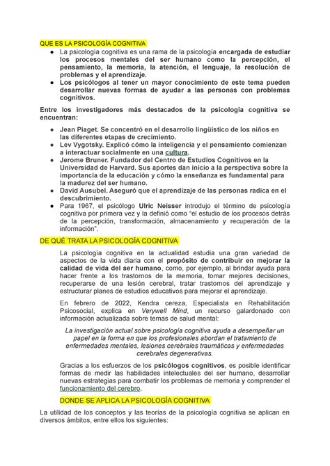 Psicologia Cognitiva practica QUE ES LA PSICOLOGÍA COGNITIVA La