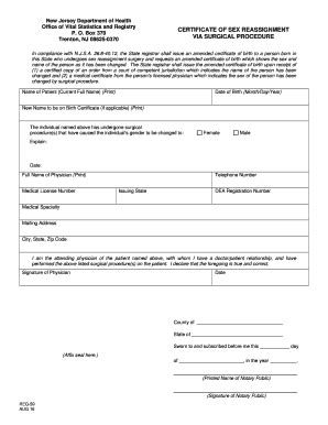 Fillable Online State Nj Certificate Of Sex Reassignment Via Surgical