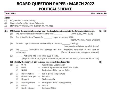 Maharashtra Th Hsc Board Political Science Question Paper
