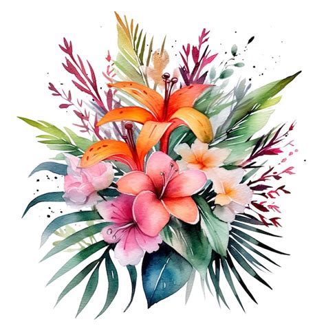 Premium Ai Image Watercolor Tropical Flowers Bouquet Clipart White