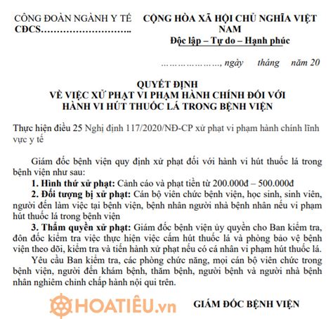 Quyết định xử phạt vi phạm hành chính hành vi hút thuốc lá trong bệnh viện
