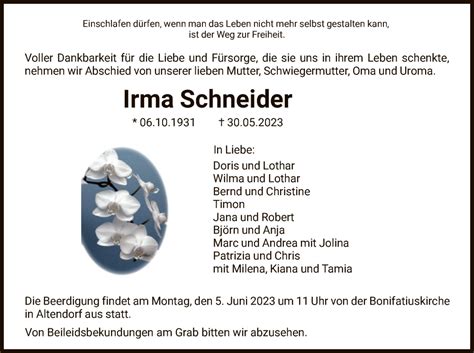 Traueranzeigen Von Irma Schneider Trauer HNA De