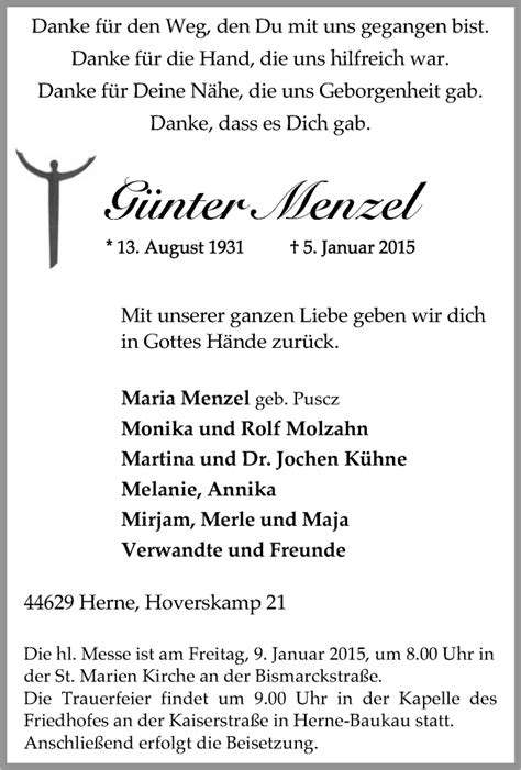 Traueranzeigen von Günter Menzel Trauer in NRW de