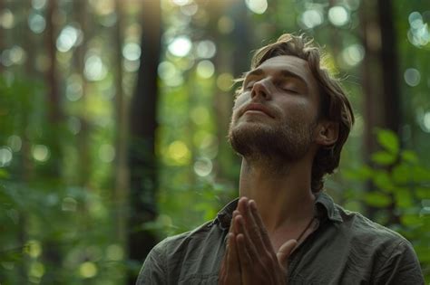 Relaxed Adult Man Breathing Fresh Air In A Forest Premium Ai
