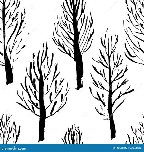 Seamless Pattern With Naked Trees Hand Drawn Grunge Ink Background