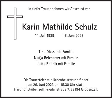 Traueranzeigen Von Karin Mathilde Schulz SZ Gedenken De