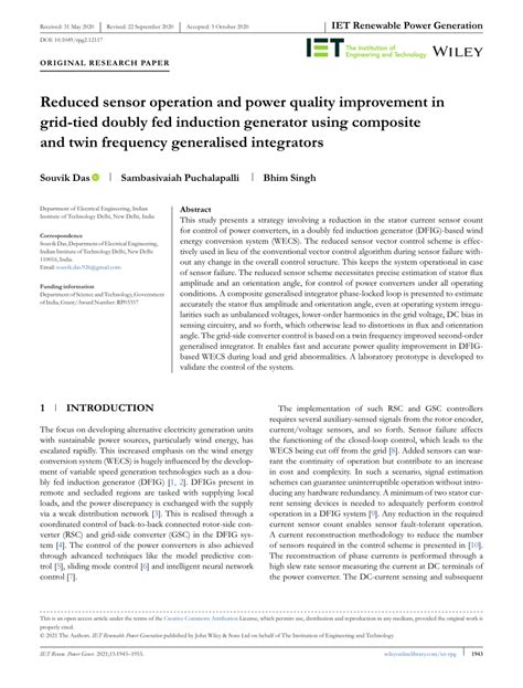 pdf reduced sensor operation and power quality improvement in grid‐tied doubly fed induction
