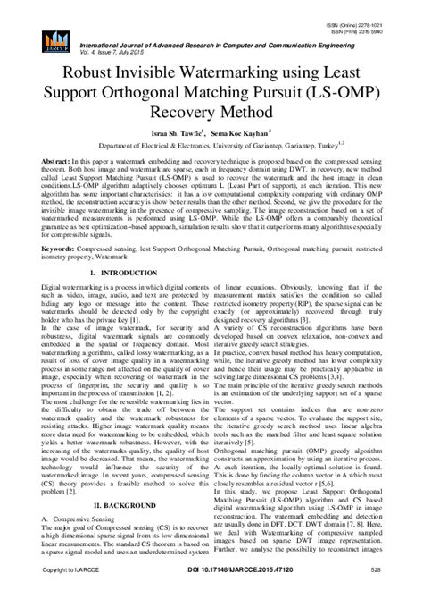 pdf robust invisible watermarking using least support orthogonal matching pursuit ls omp