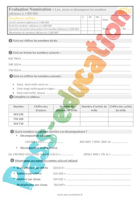 Lire écrire et décomposer les nombres inférieurs à 1 000 000 au Cm1