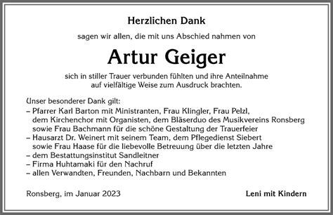 Traueranzeigen von Artur Geiger Allgäuer Zeitung