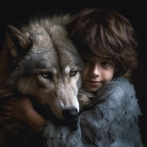 Un niño con un lobo en el brazo Foto Premium