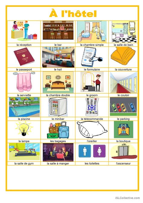 Dictionnaire d images À l hôtel di Français FLE fiches pedagogiques