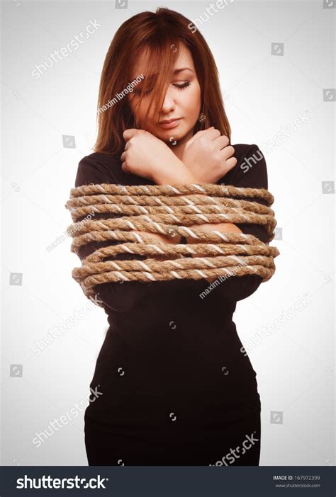 Brunette Hostage Captive Woman Bound Rope Stock Photo 167972399
