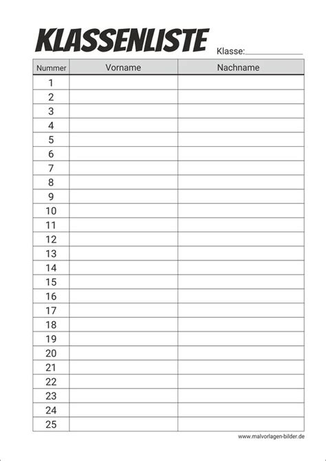 Klassenliste Zum Ausdrucken Und Herunterladen