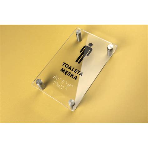 Toaleta męska tabliczka z plexi z pismem Braille a na dystansach
