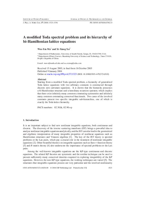 pdf a modified toda spectral problem and its hierarchy of bi hamiltonian lattice equations