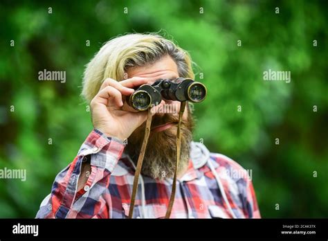 Observing Nature Man Ornithology Expedition In Forest Man Observing
