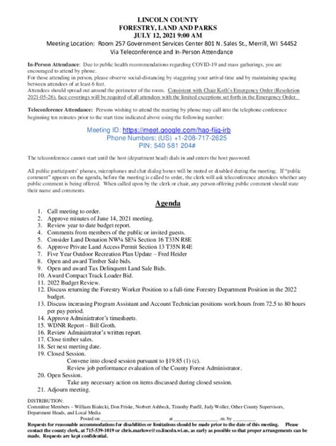 Fillable Online Co Lincoln Wi Forestry Land And Parks Agenda