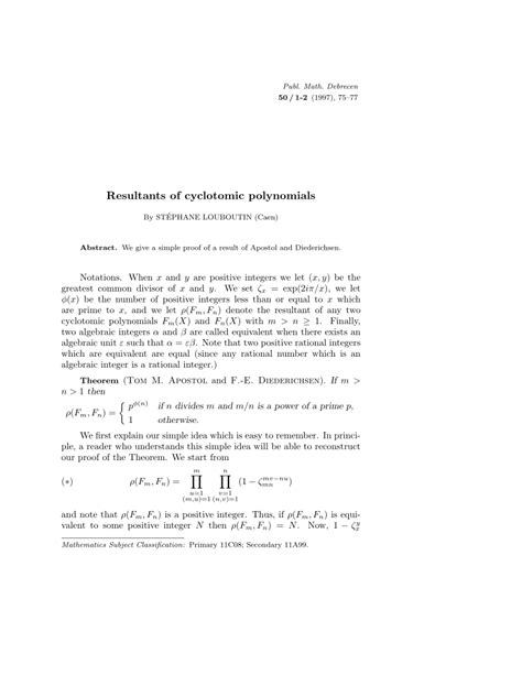 pdf resultants of cyclotomic polynomials