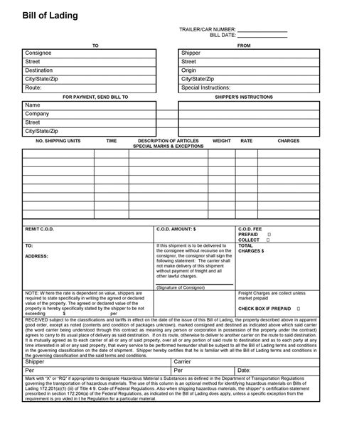Printable Free Bill Of Lading Forms Templates Templatelab Uniform