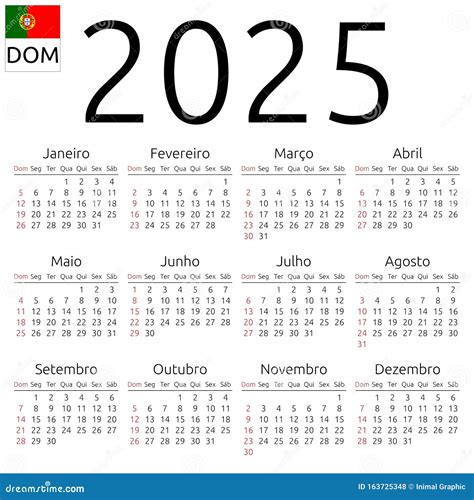 Calendário 2025 Português Domingo Ilustração do Vetor Ilustração de