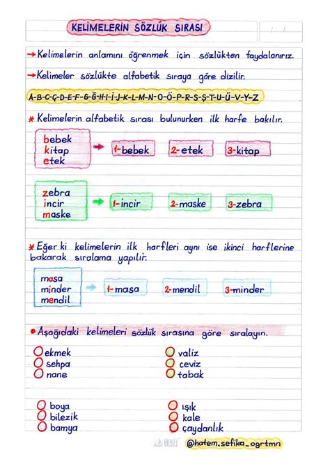 2 Sınıf Kelimelerin Sözlük Sırası Etkinliği