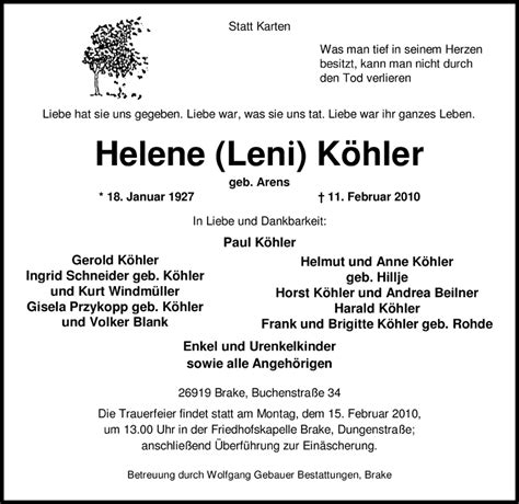 Traueranzeigen von Helene Köhler nordwest trauer de