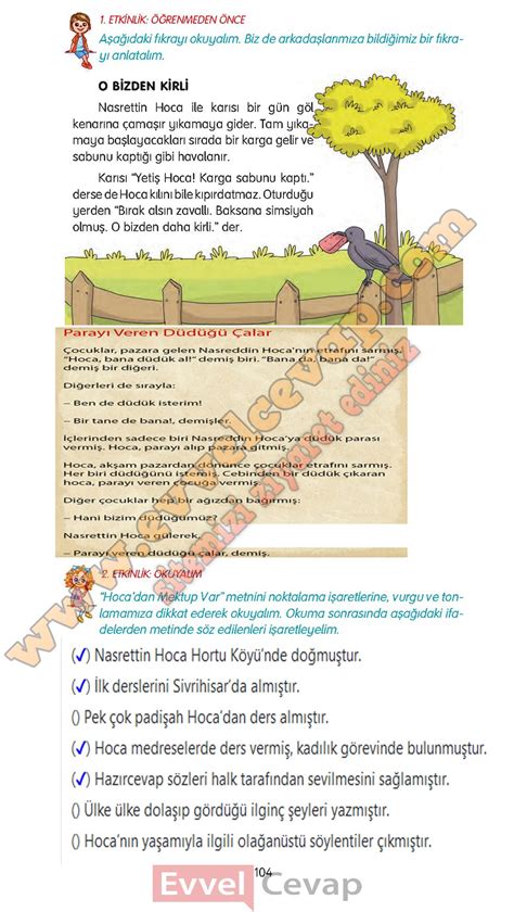 3 Sınıf Türkçe Ders Kitabı Sayfa 100 101 102 103 104 Cevapları Gizem