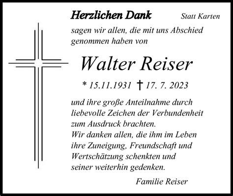 Traueranzeigen von Walter Reiser Südwest Presse Trauer