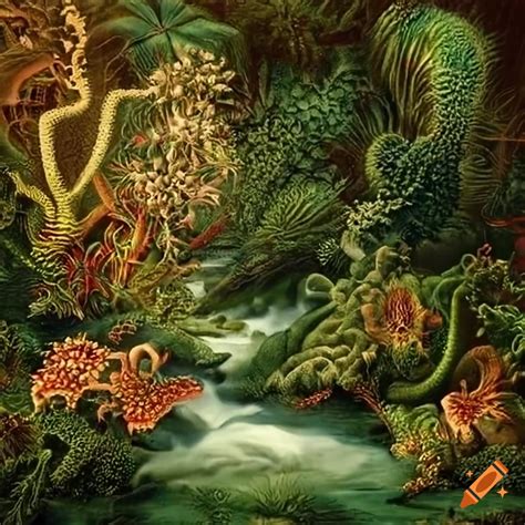Hans Haeckel Castel Lake Jungle Painting Stream Water Racines Plantes