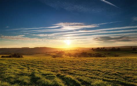 Sky Sunset Field Landscape Clouds Trees Nature HD Wallpaper