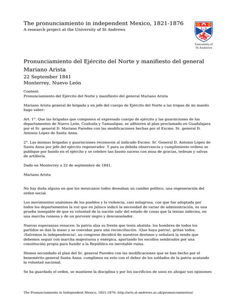 Pronunciamiento del EjÃrcito del Norte y manifiesto del general