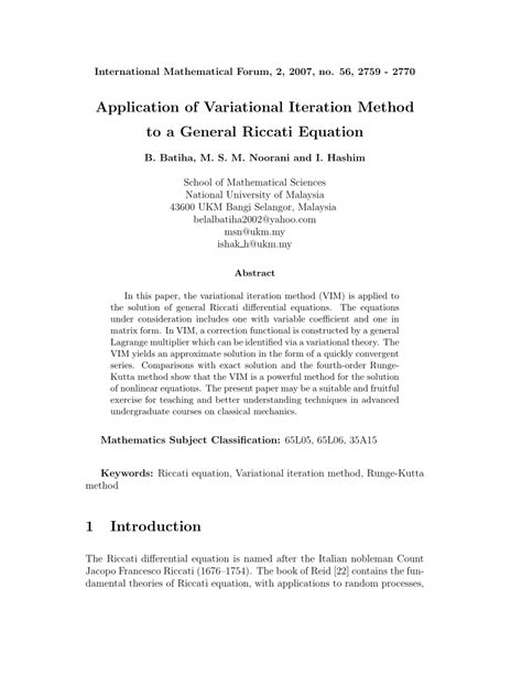 pdf application of variational iteration method to a general riccati equation