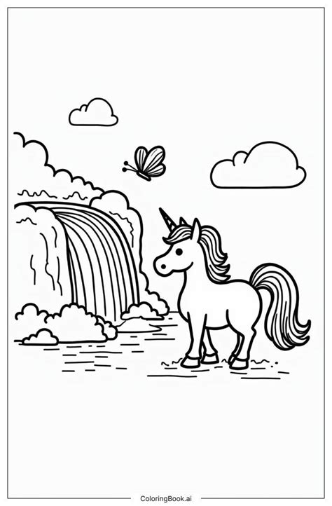 Página para colorear Unicornio y mariposa jugando cerca de una cascada