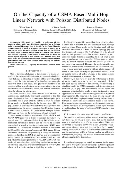 pdf on the capacity of a csma based multi hop linear network with poisson distributed nodes