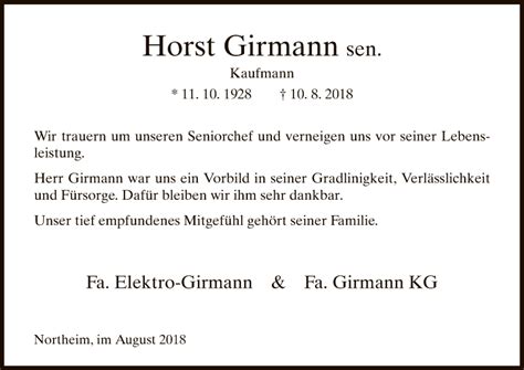 Traueranzeigen Von Horst Girmann Sen Trauer HNA De