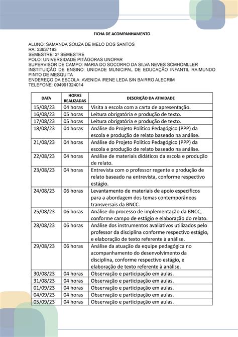 Ficha De Acompanhamento Samanda Ficha De Acompanhamento Aluno