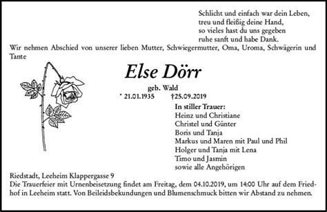 Traueranzeigen von Else Dörr vrm trauer de