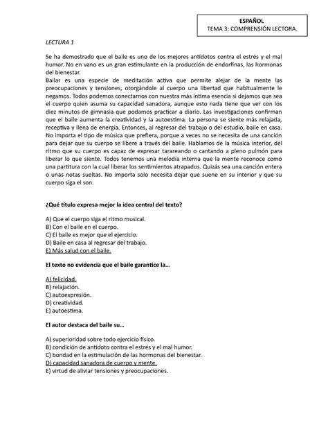Ejercicios De Lectura LECTURA 1 Se Ha Demostrado Que El Baile Es Uno
