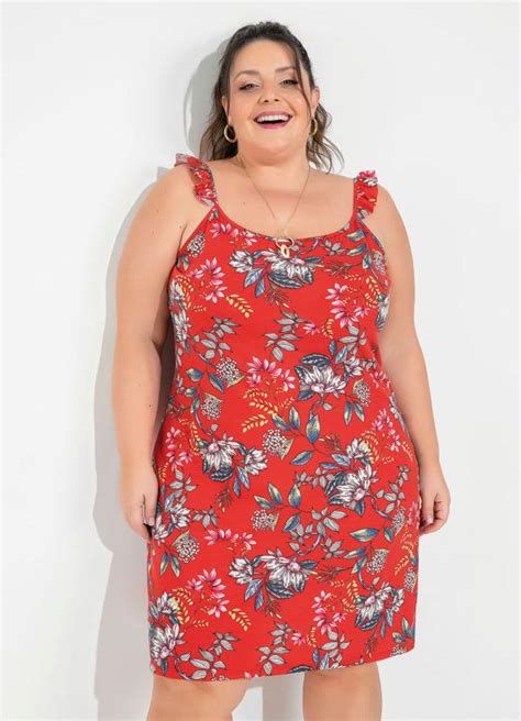 Vestido De Al As Floral Vermelho Plus Size Marguerite