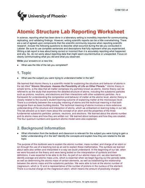 Atomic Structure Lab Reporting Worksheet Studocu